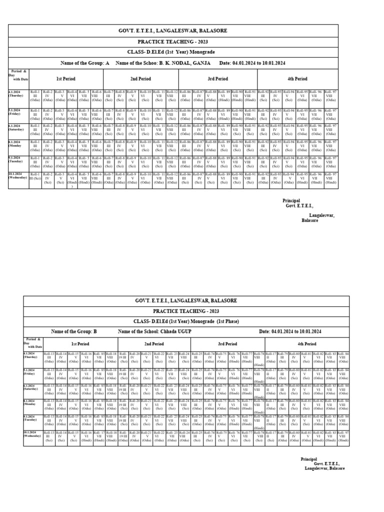 Time Table For Practice Teachiong 2023 Final 1st Phase | PDF