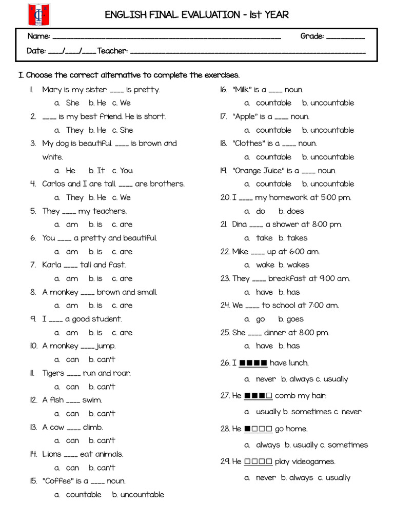 English 1st Year Final Evaluation | PDF
