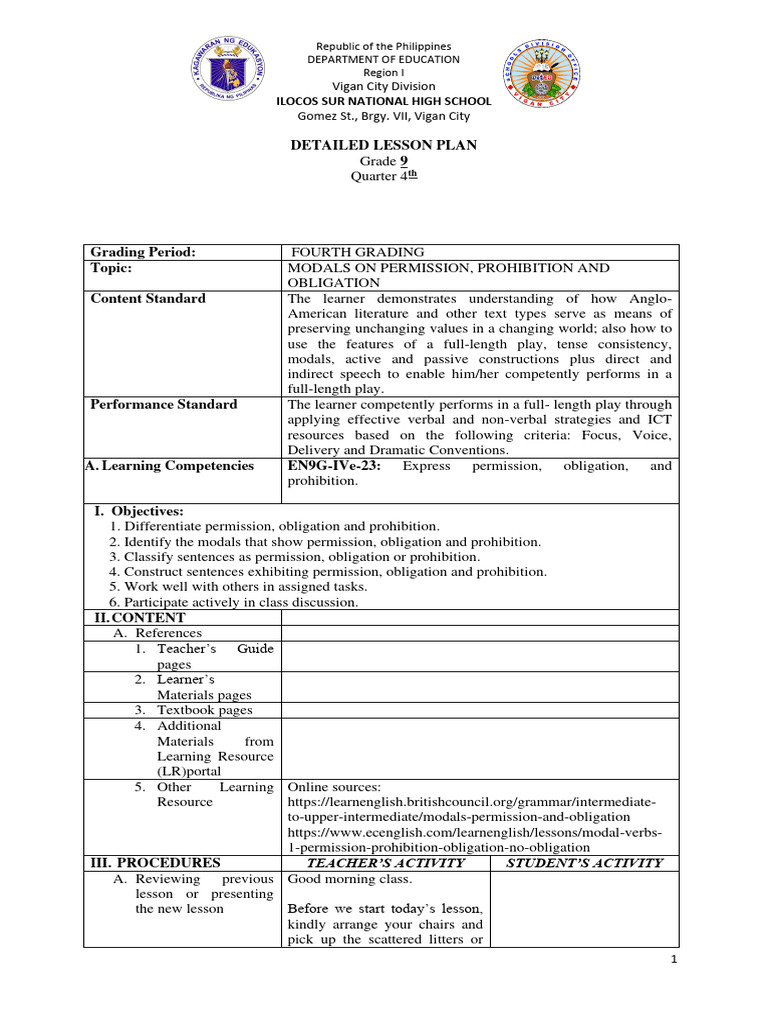 Grade 9 Lesson Plan: Modals Usage | PDF | Lesson Plan | Human Communication