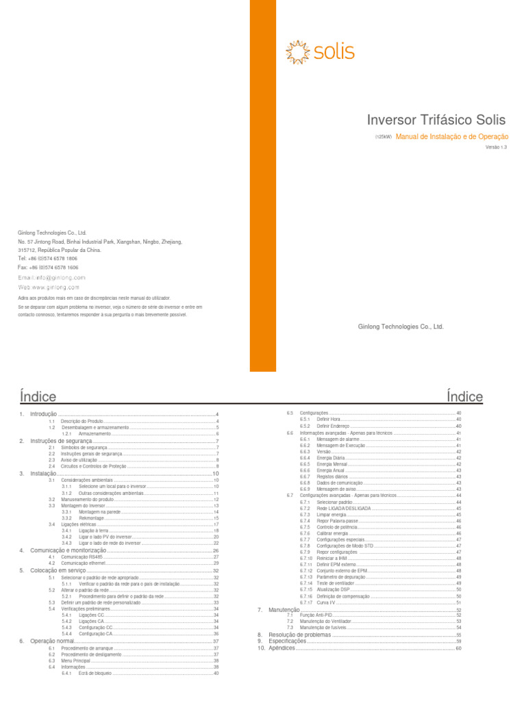 Solis Manual 3P 125K 5G BRA V1,3 | PDF | Painel solar | Fonte de energia
