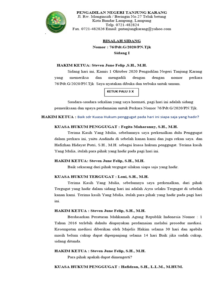 Risalah Sidang Perdata 2 | PDF