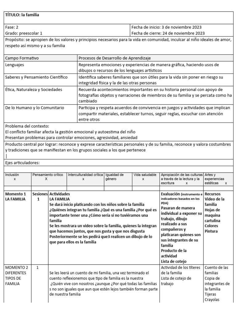 Planeacion Proyecto La Familia Preescolar 1 | PDF