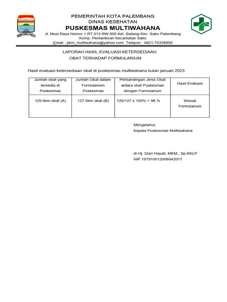 Laporan Hasil Evaluasi Ketersediaan Obat Terhadap Formularium Pdf