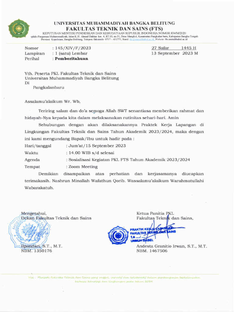 Sosialisasi PKL Mahasiswa TA 2023-2024 | PDF