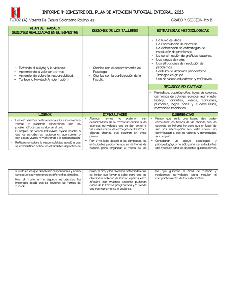 FICHA DE INFORME FINAL - 4° BIMESTRE TUTORIA 2023 - 1ero B y 2do F | Descargar gratis PDF ...