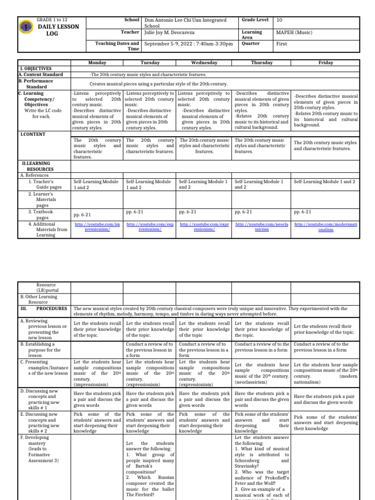 DLL Q1 W3 Mapeh10 | PDF