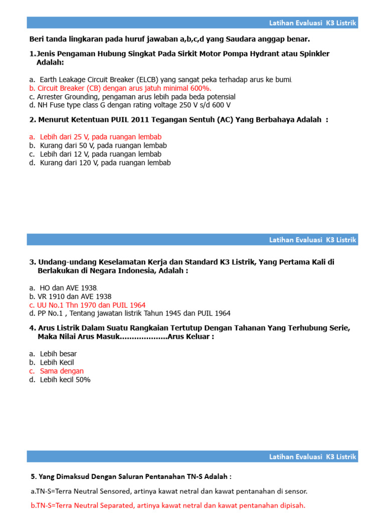 Lat Soal Dan Jawaban K3 Listrik - T2 - IWS50 - Pak Sofyan | PDF | Sains & Matematika