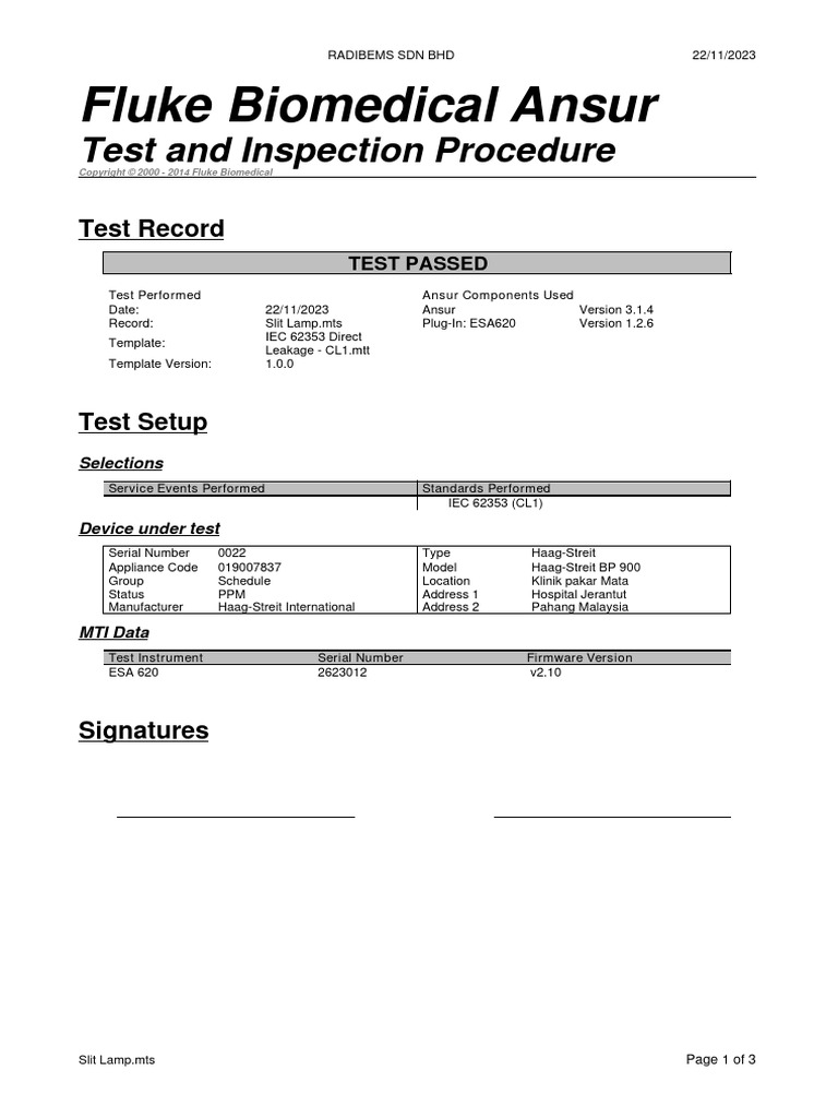 Fluke Biomedical Ansur: Test and Inspection Procedure | PDF