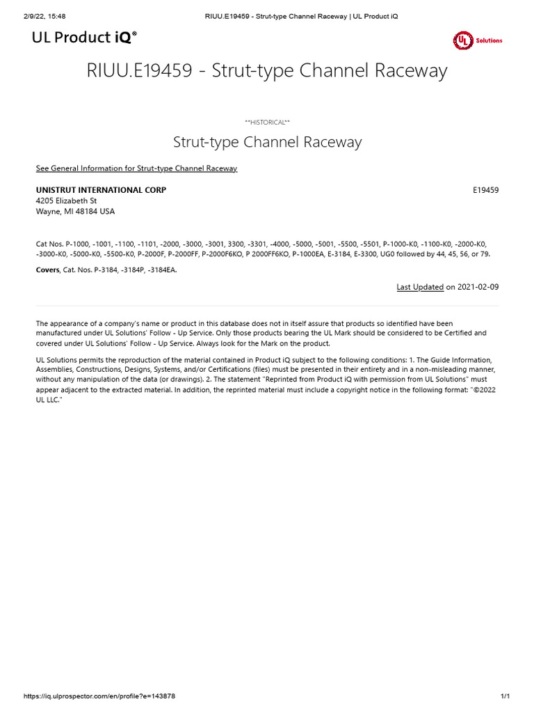 RIUU.E19459 - Strut-Type Channel Raceway - UL Product Iq | PDF