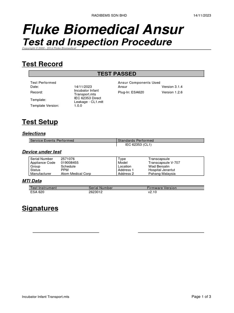 Fluke Biomedical Ansur: Test and Inspection Procedure | PDF