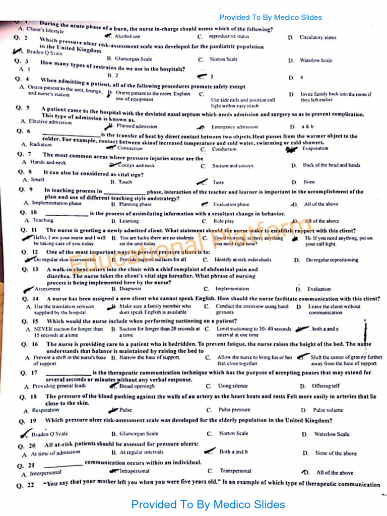 Fundamental of Nursing 1st Semester BSN Past Paper 2022, by Husain.z | PDF