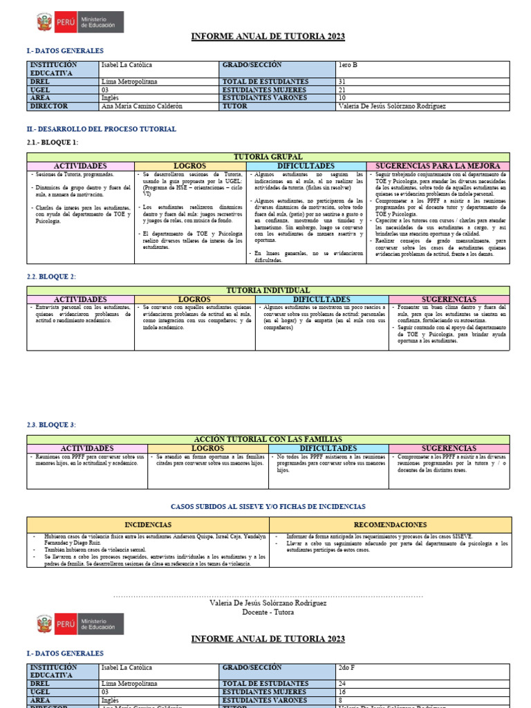 INFORME FINAL DE TUTORIA 2023 - 1ero B y 2do F | PDF