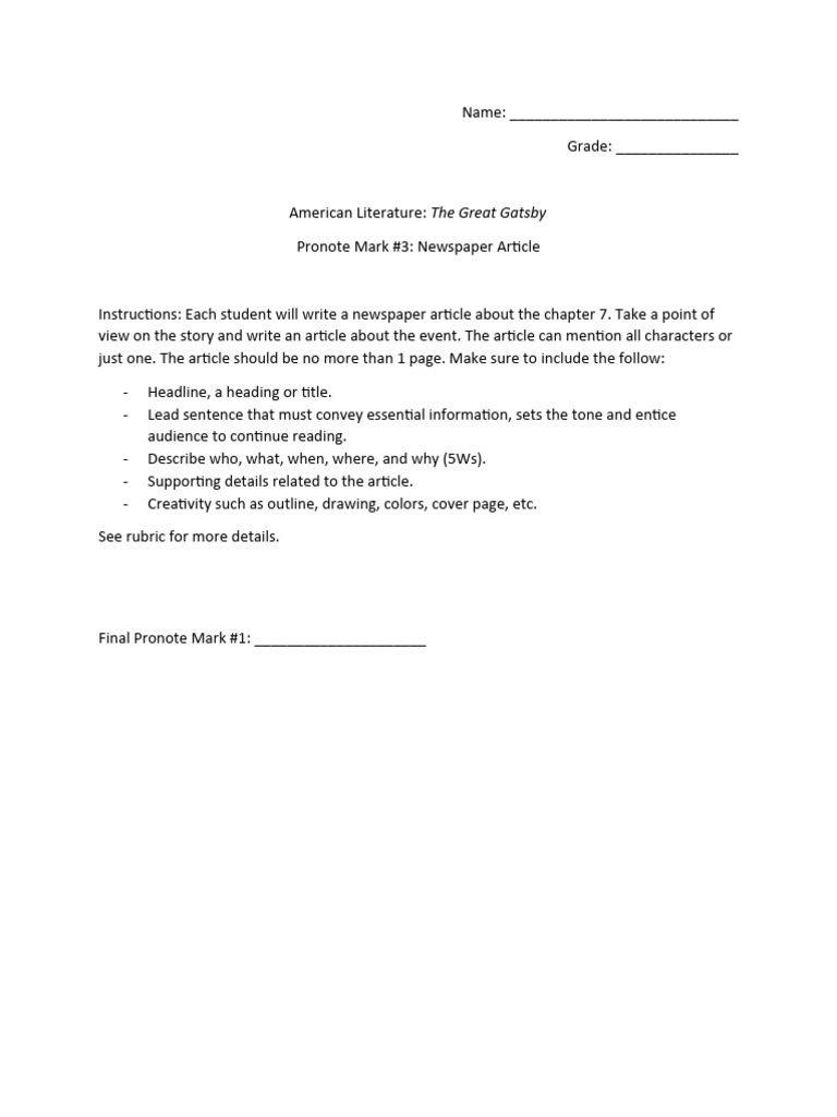 Grade 9 Newspaper Article Grading Rubric | PDF | Grammar | Communication