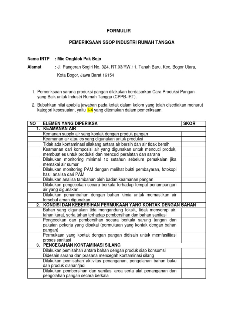 Checklist Inspeksi Ssop | PDF | Sains & Matematika