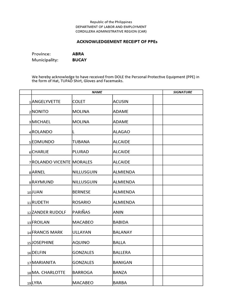 BUCAY PPE Acknowledgement | PDF | Personal Protective Equipment ...