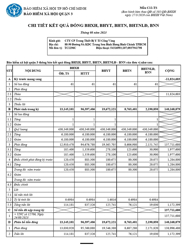 Chi Tiết Kết Quả Đóng Bhxh, Bhyt, Bhtn, Bhtnlđ, Bnn: Bảo Hiểm Xã Hội Quận 3 | PDF