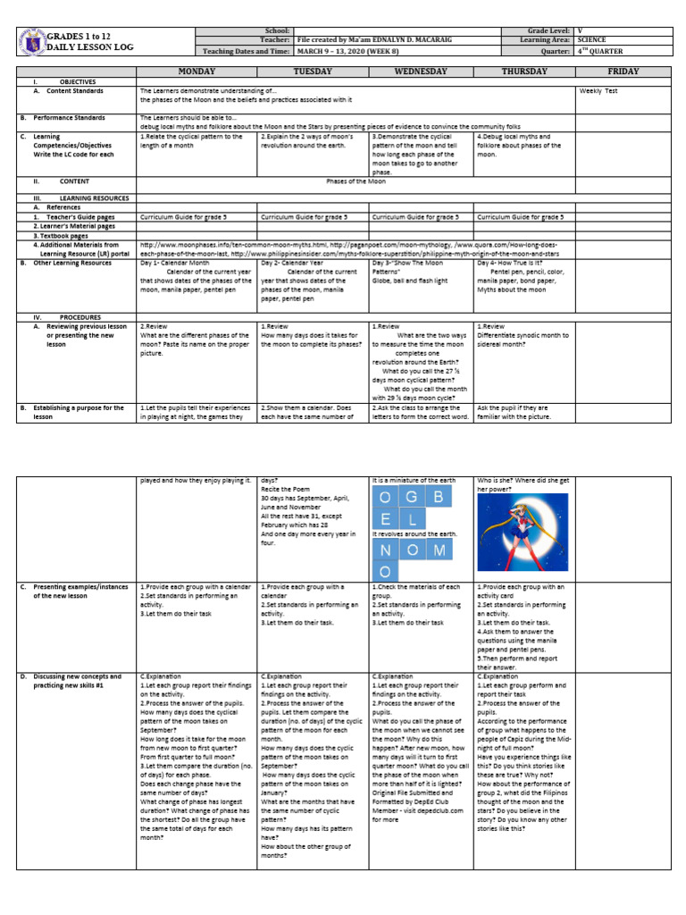 Science Lesson Log: Moon Phases | PDF