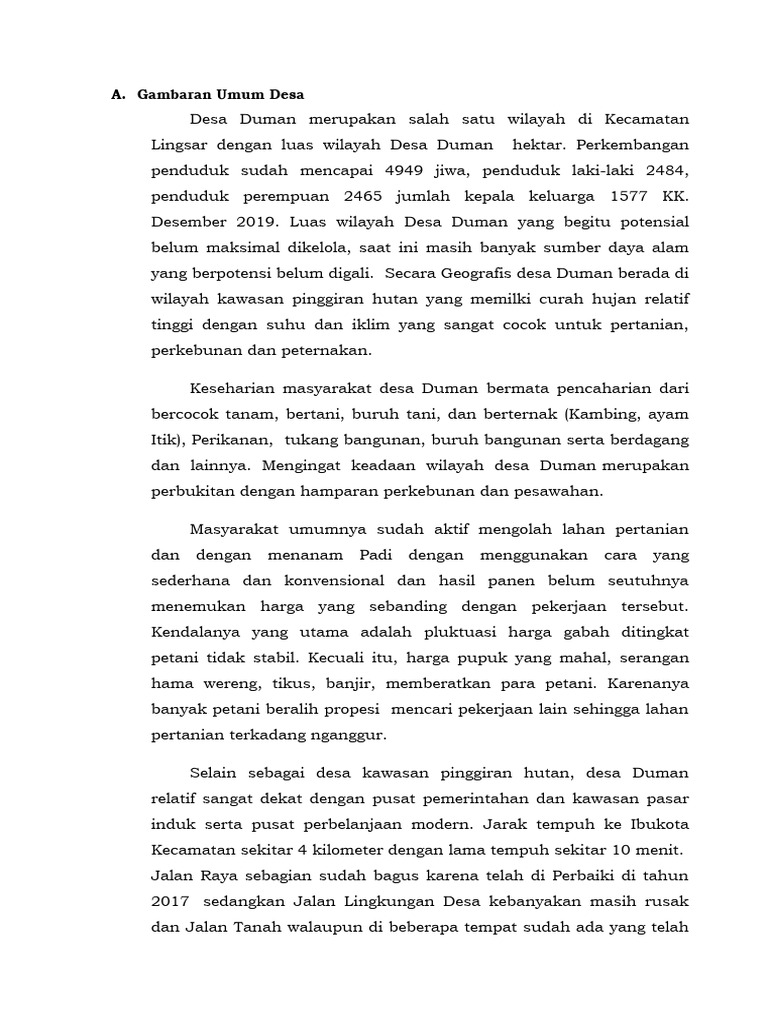 Potensi dan Demografi Desa Duman | PDF