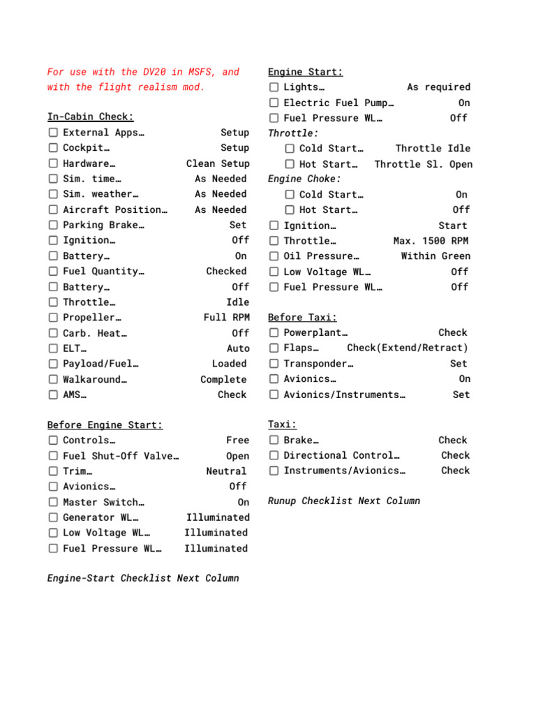 dv20 Checklist Handbook | PDF | Throttle | Brake