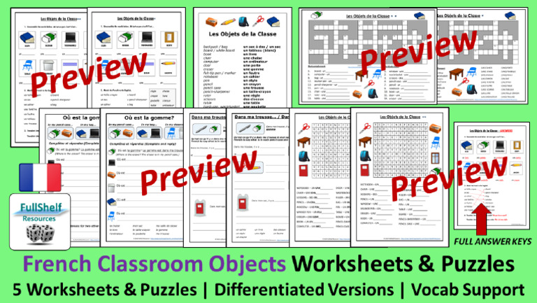 French Classroom Objects Worksheets Preview Filet PT | PDF