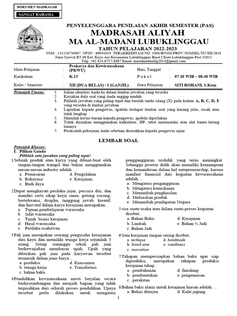 Soal Pkwu Pas Ganjil 2023 | PDF