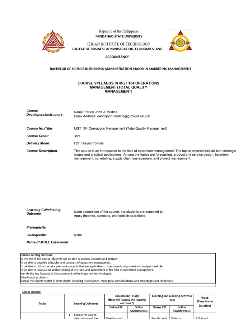 MGT 104 Operations Management Syllabus | PDF | Operations Management | Lecture