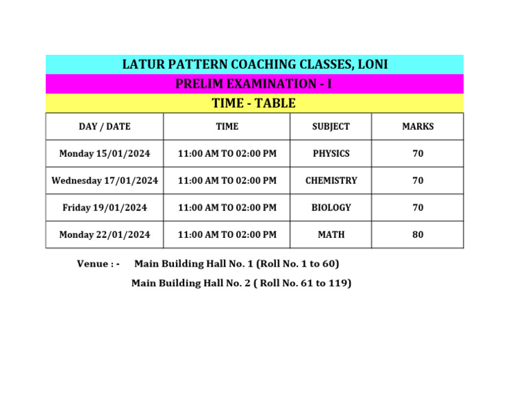 Prelim Exam I Time Table | PDF