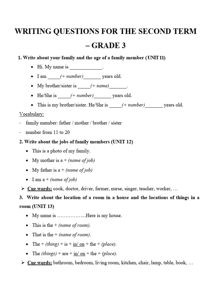 Grade 3 Writing Questions For Second Term | PDF | Wellness