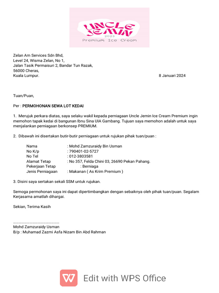 Surat Permohonan Sewa Premis | PDF