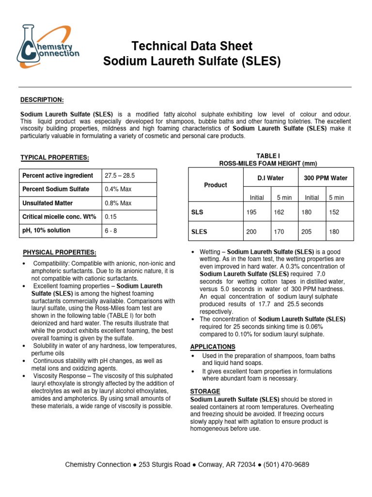 Sodium Laureth Sulfate (SLES) Properties | PDF | Surfactant | Chemistry