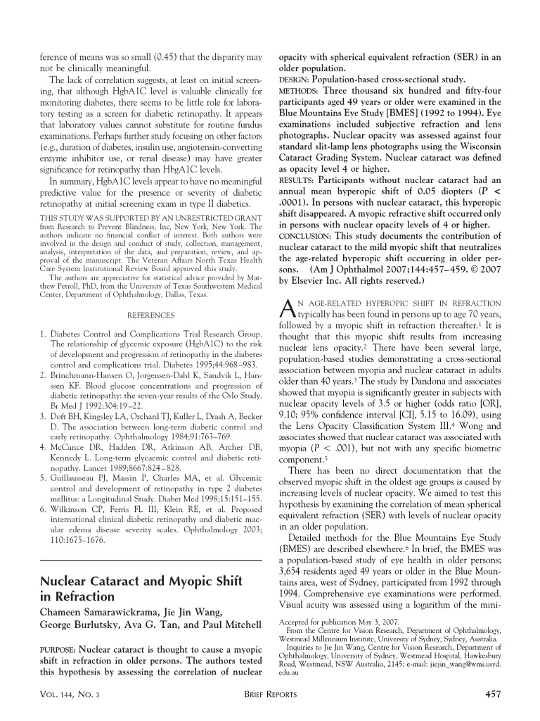 Nuclear Cataract and Myopic Shift in Refraction | PDF