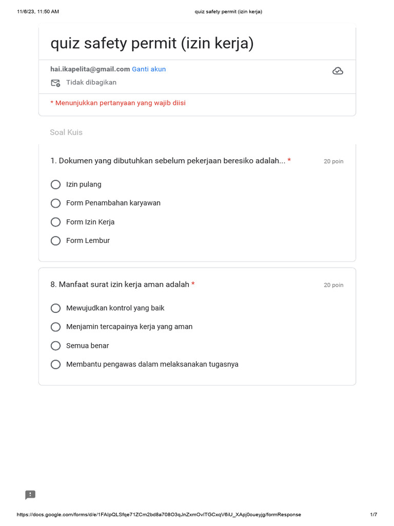 Quiz Safety Permit (Izin Kerja) | PDF