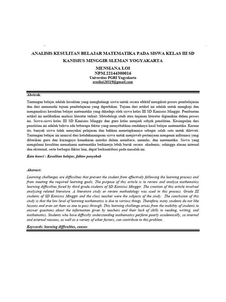 Kesulitan Belajar Matematika Siswa SD | PDF | Karier & Perkembangan