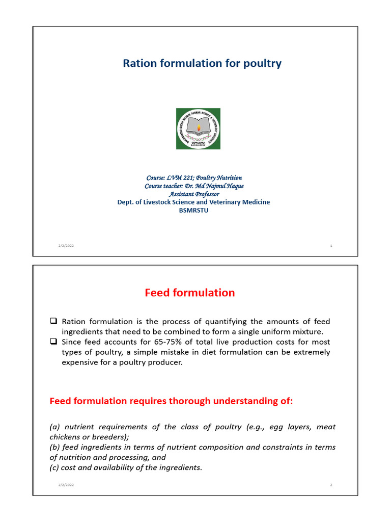 Poultry Ration Formulation Guide | PDF | Nutrition | Diet & Nutrition