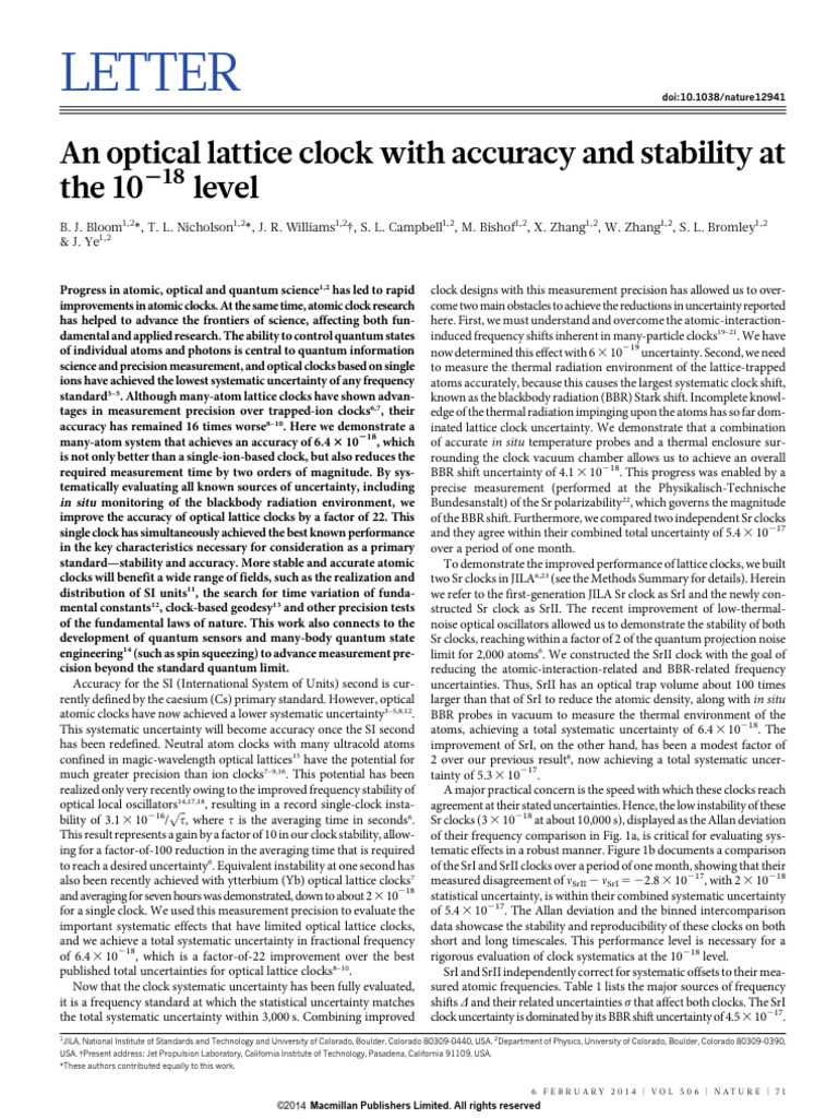 2014 - JunYe - Nature - An Optical Lattice Clock With Accuracy and ...