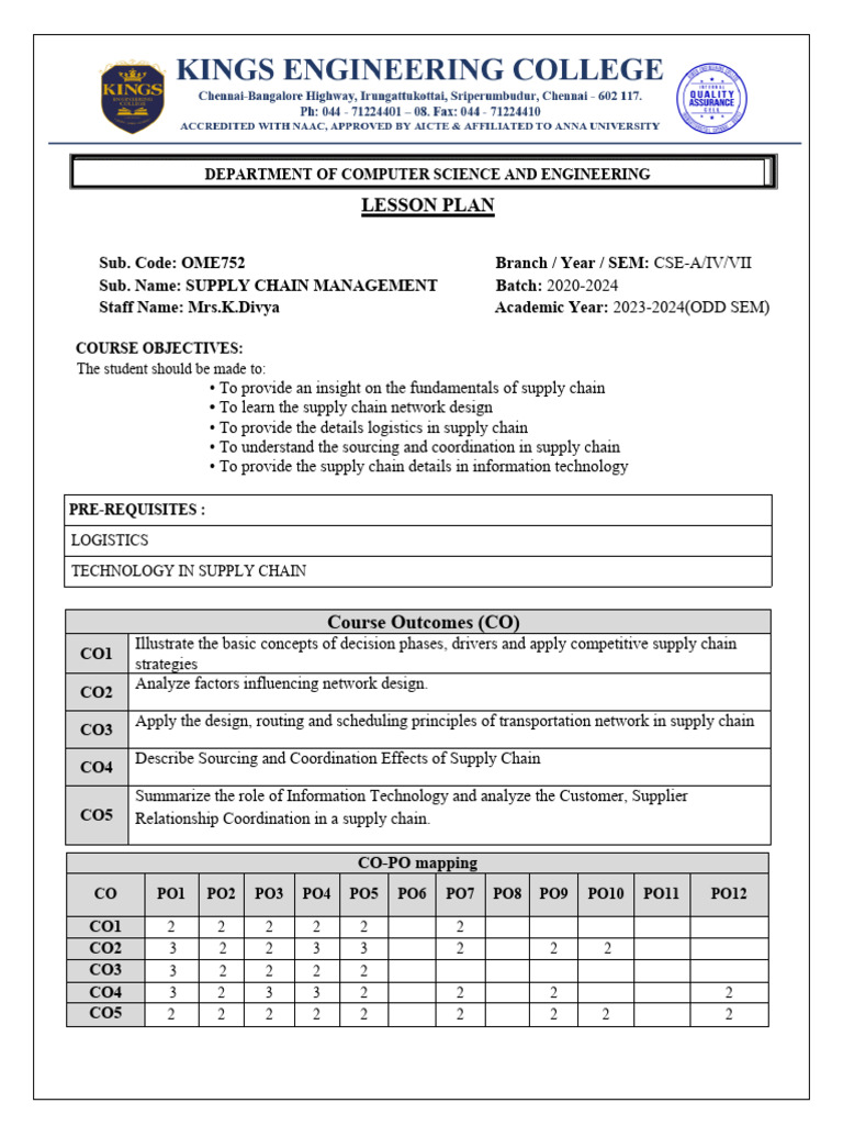 SCM Lesson Plan 23-24 | PDF | Supply Chain | Supply Chain Management