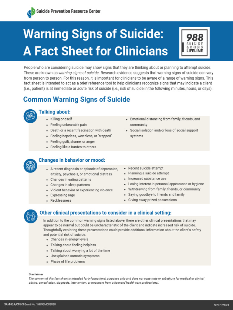 Warning Signs of Suicide A Fact Sheet For Clinicians | Download Free PDF | Suicide | Causes Of Death