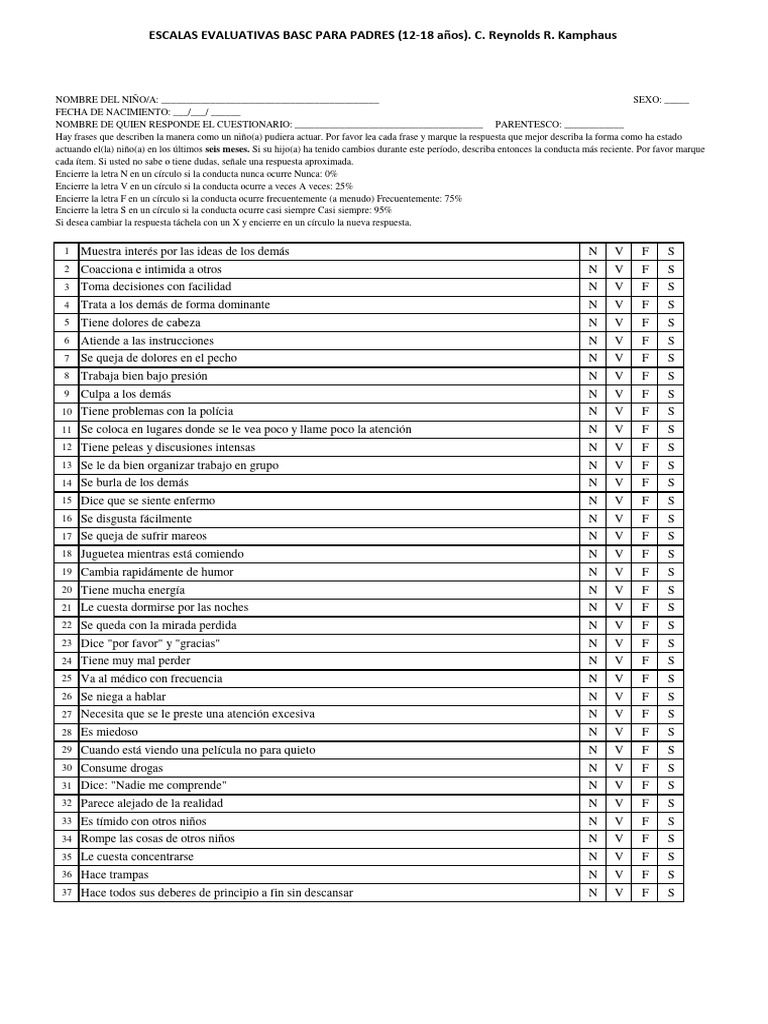 Escala Basc P3 - Niños de 12-18 Años | PDF