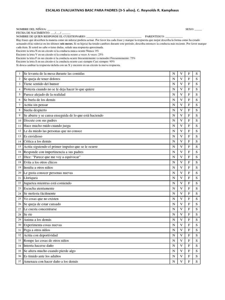Escala Basc P1 - Niños de 3-5 Años | PDF