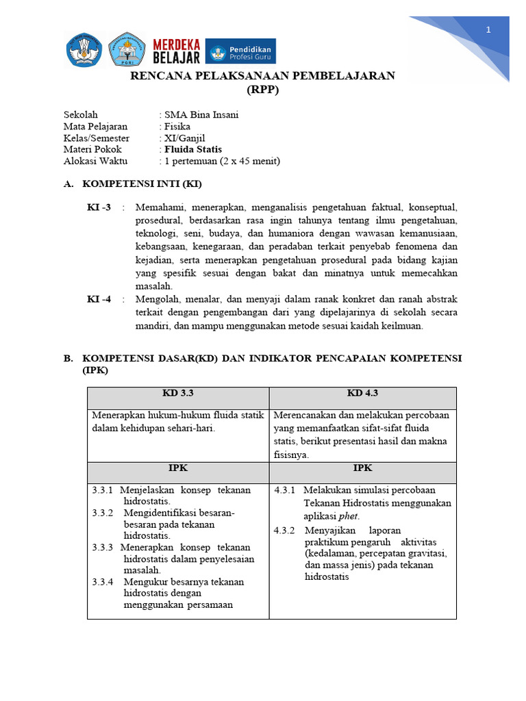 RPP Tekanan Hidrostatis-Revisi | PDF | Karier & Perkembangan | Seni