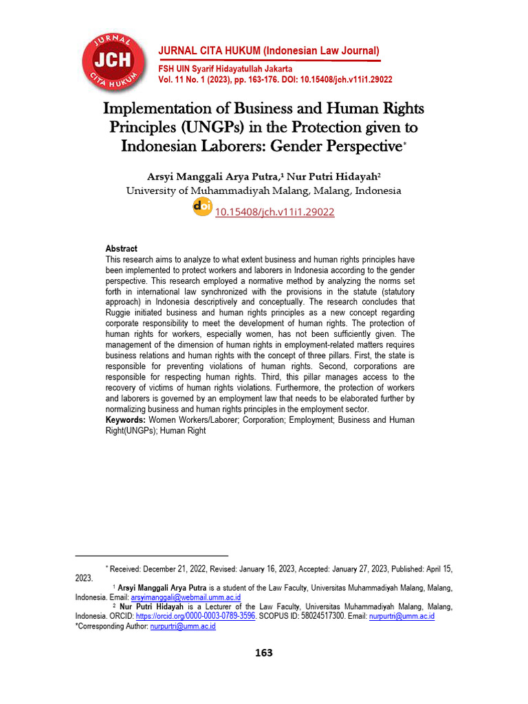 Implementation of Business and Human Rights Principles (UNGPs) in The Protection Given To ...