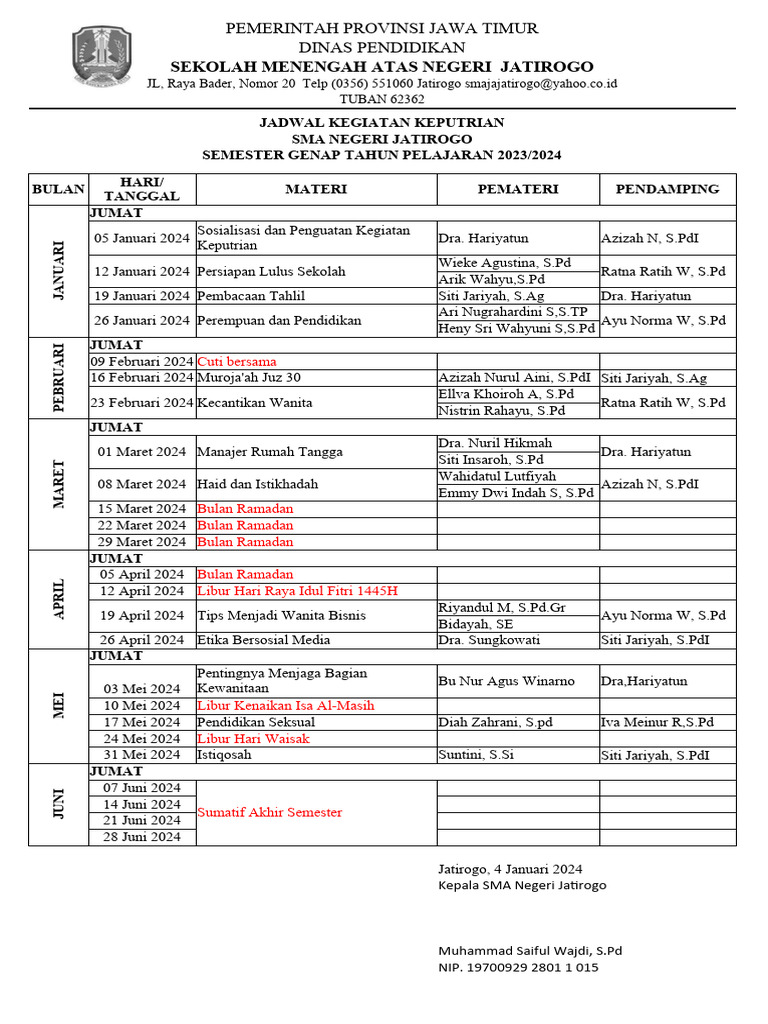 Jadwal Keputrian 2024 | PDF