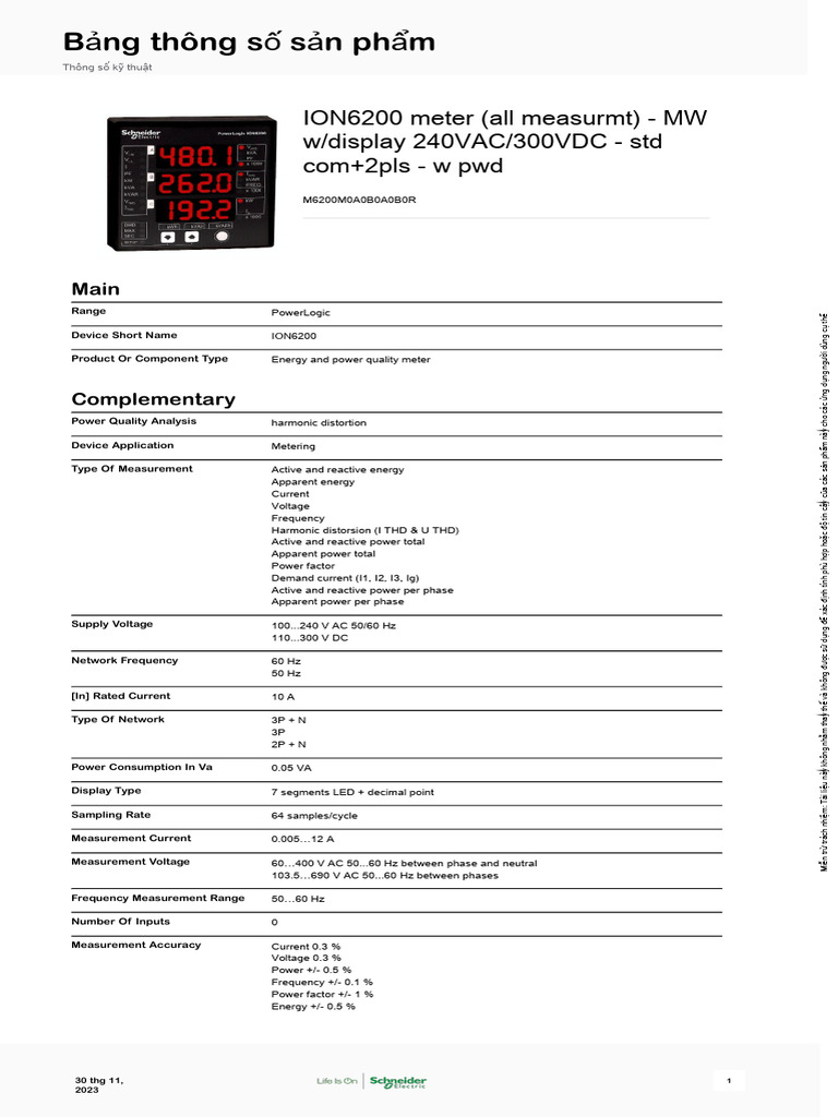 ION6200 Energy Meter Specs | PDF | Ac Power | Metrology