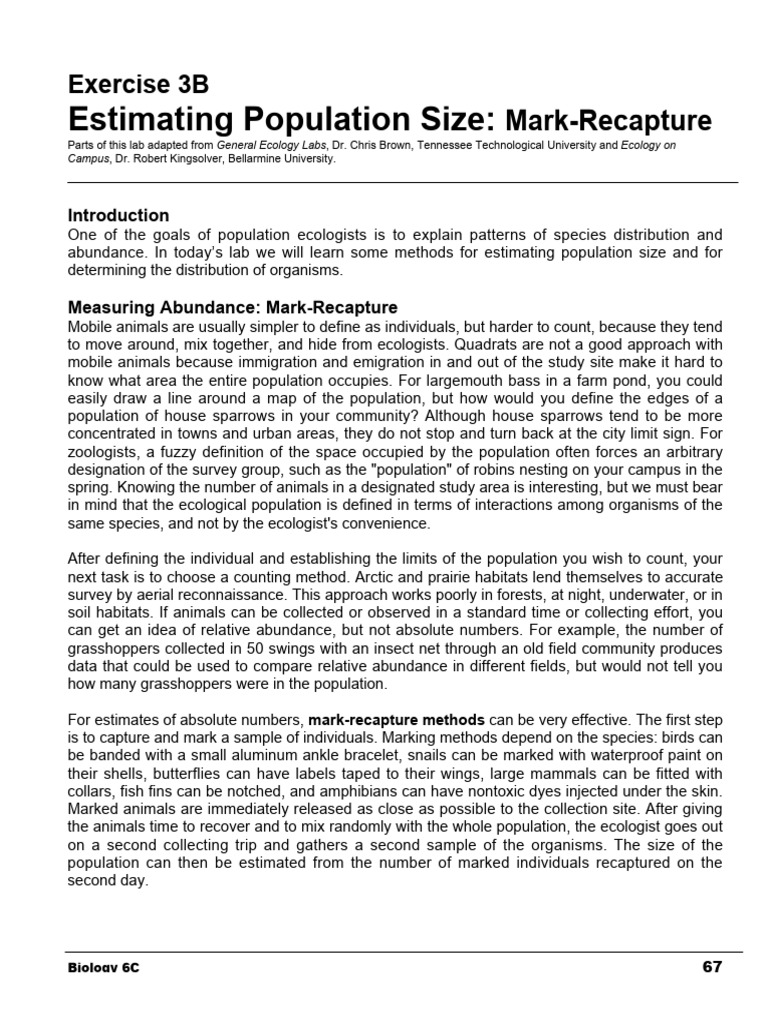 Estimating Population Size, Mark-Recapture | PDF