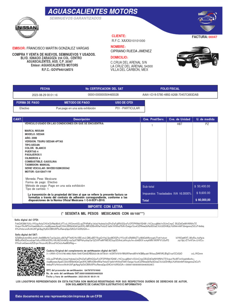 Factura Nissan TSURU TIPO SEDAN | PDF | Vehículos de ruedas | Tecnología de vehículos