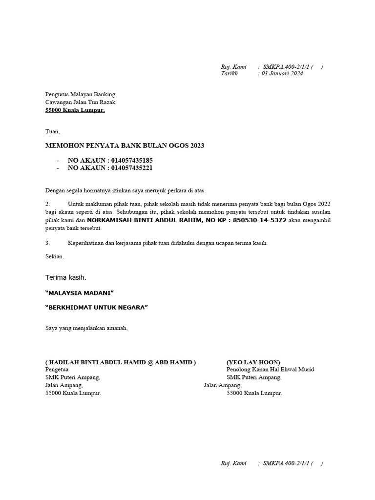 Surat Mohon Salinan Akaun Bank KOOP | PDF