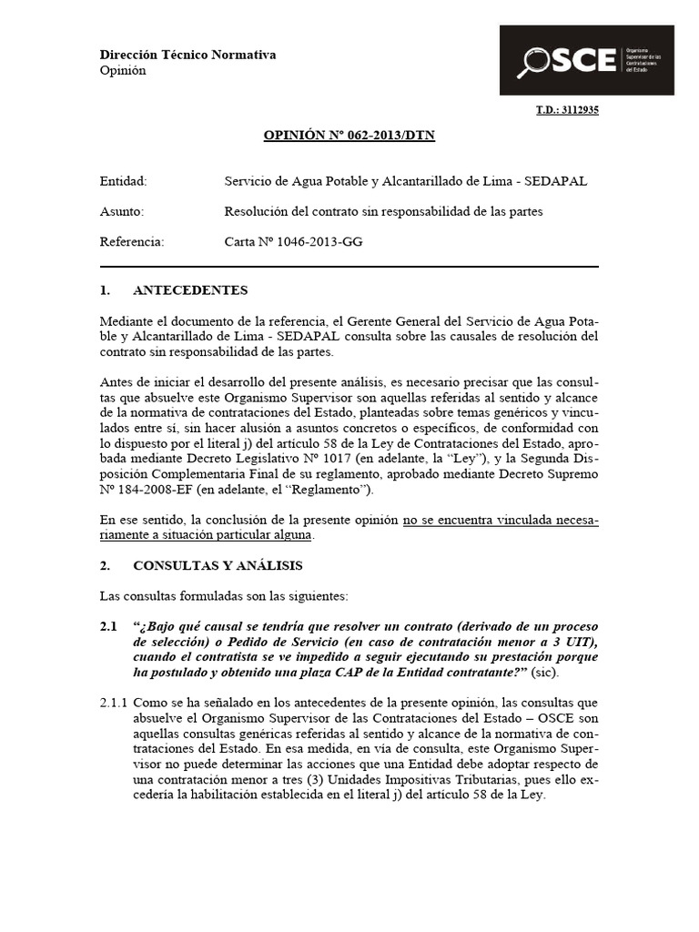 062-13 - PRE - SEDAPAL - Resolución de Contrato TD 3112935 | PDF ...