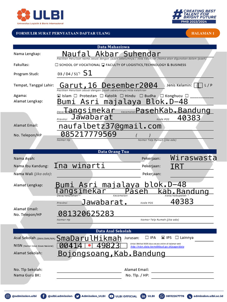 Surat Pernyataan Daftar Ulang Mahasisiwa Baru Ta 2023-20224 (Ulbi) | PDF