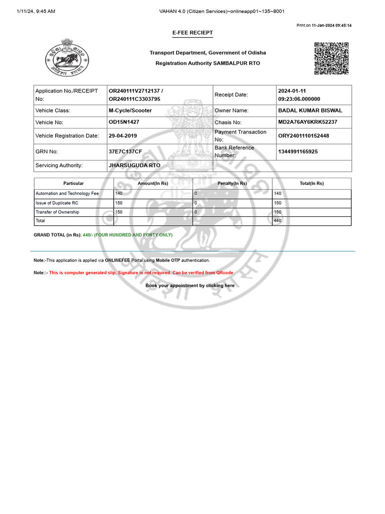 VAHAN 4.0 (Citizen Services) Onlineapp01 135 8001 | PDF | Receipt ...