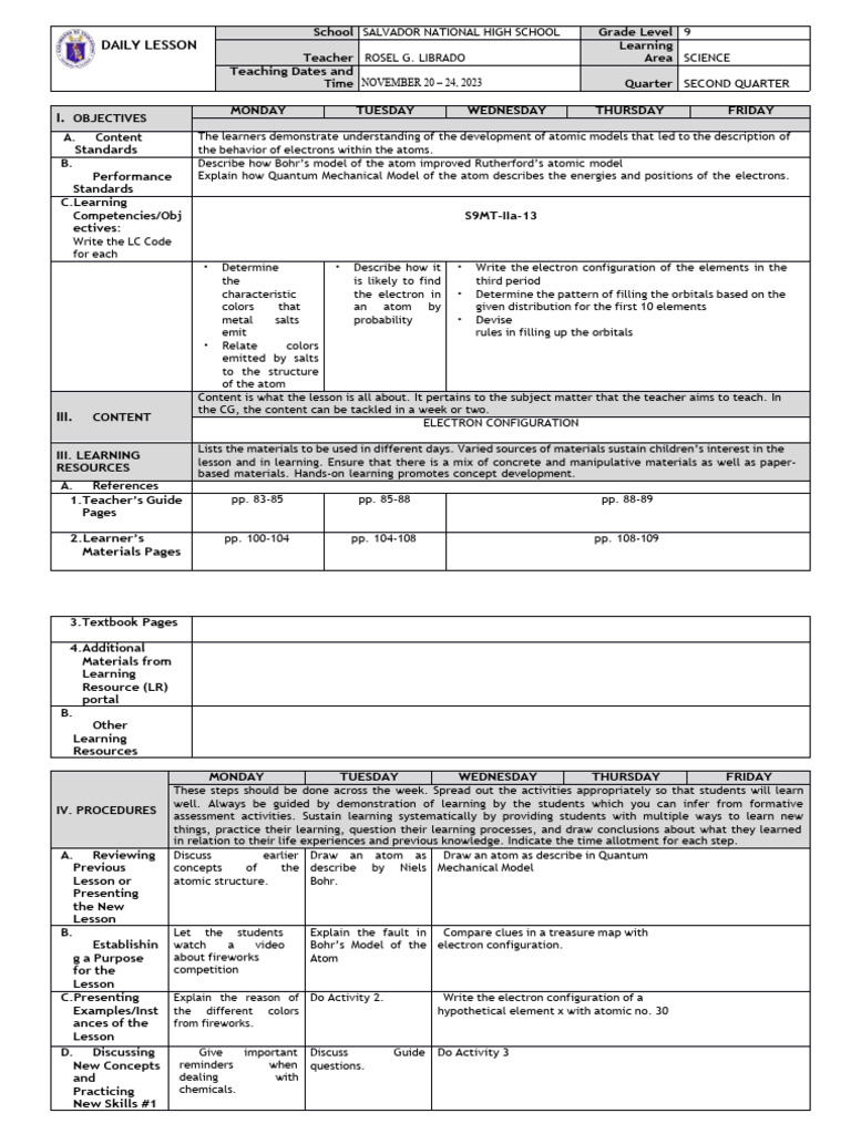 Grade 9 Science Lesson Plan: Atomic Models | PDF | Electron | Atoms